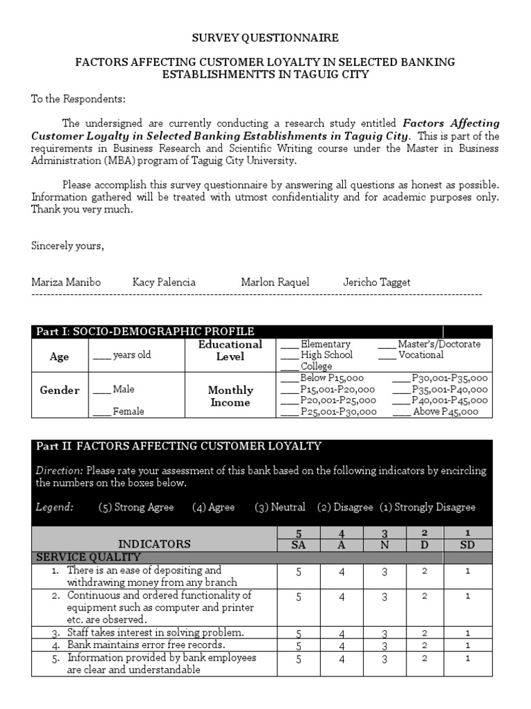 Survey Questionnaire - Customer Loyalty | PDF | Reputation | Banks