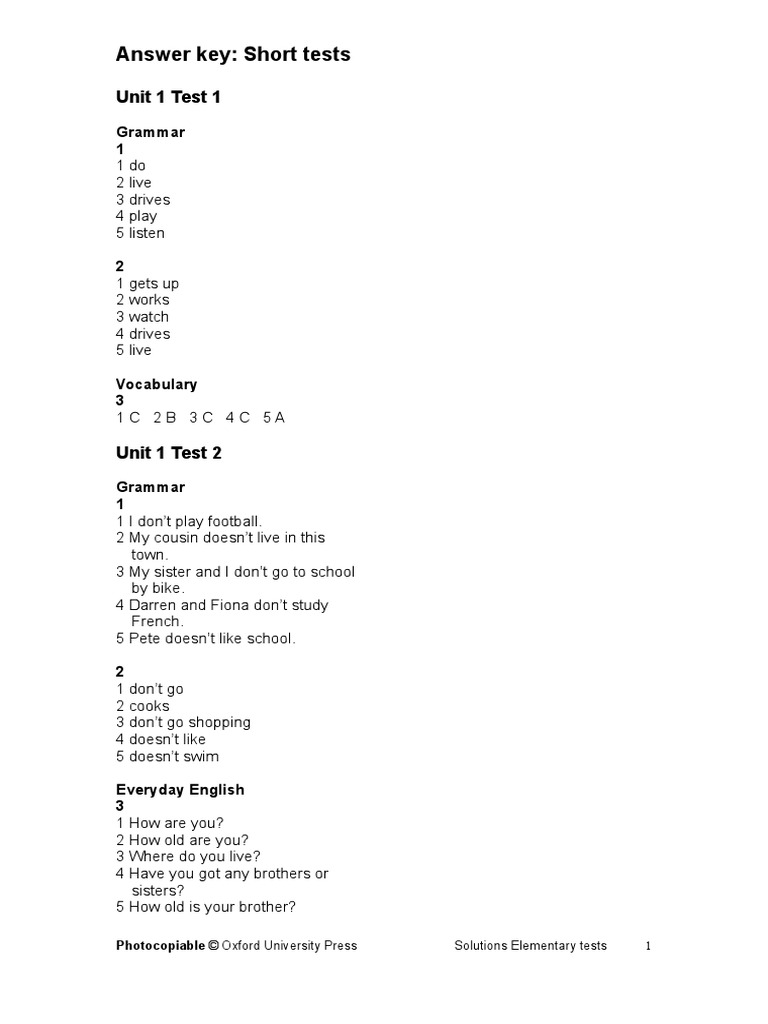 Answer Key: Short Tests: Unit 1 Test 1 | PDF