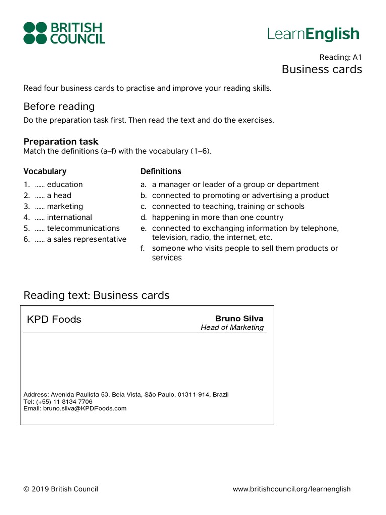 Reading Comprehension 1 Business Cards | PDF | Communication | Business