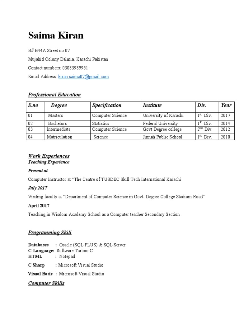 Saima Kiran's Resume Highlighting Her Educational Qualifications, Work ...