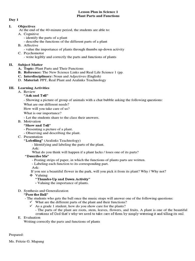 Grade 1 Lesson Plan: Plant Parts & Functions | PDF | Plants | Science