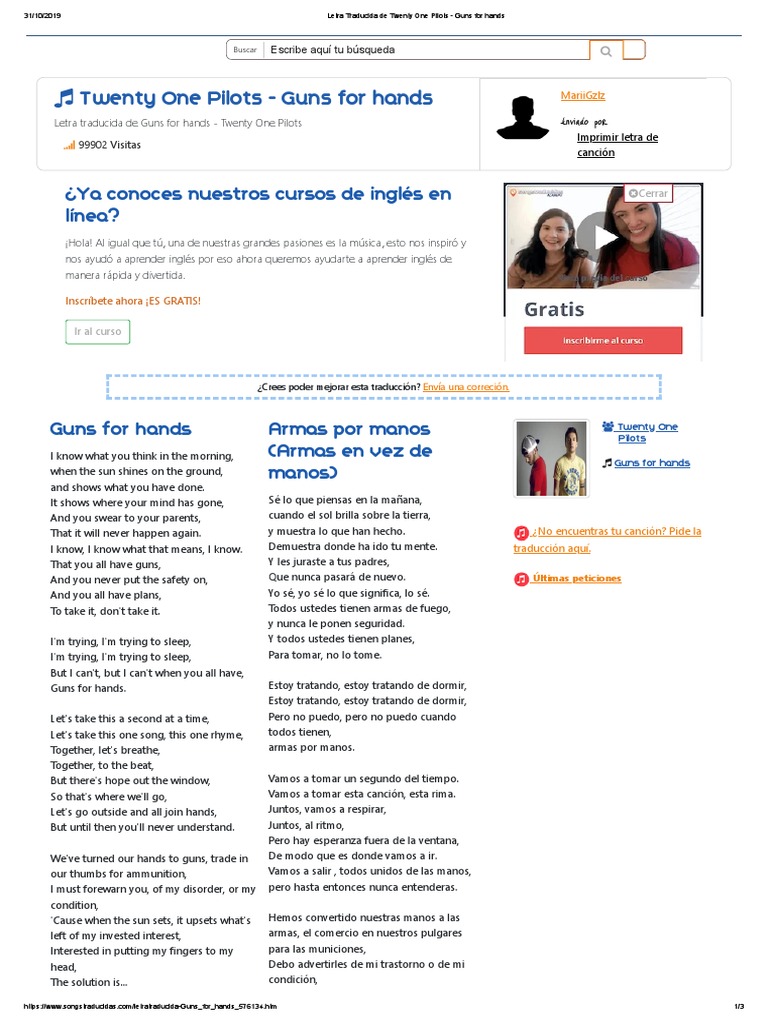 Letra Traducida de Twenty One Pilots - Guns For Hands | PDF ...