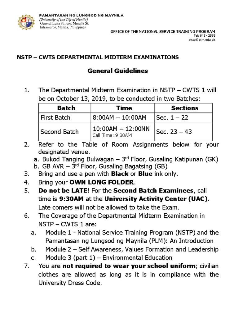 CWTS Midterm Guidelines and Room Assignments | PDF
