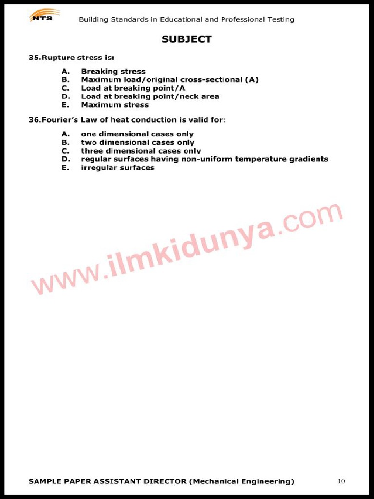 NTS Sample Past Papers LDA Assistant Director Mechanical Engineer ...