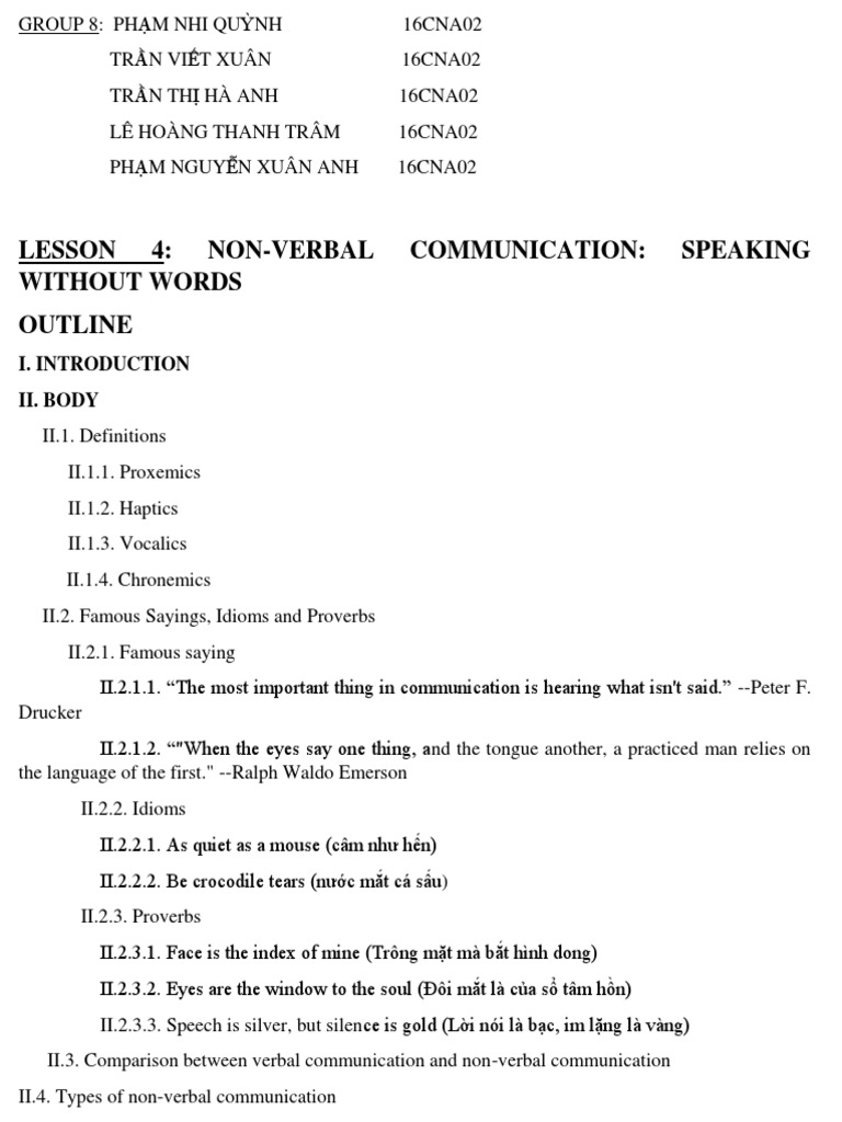Lesson 4: Non-Verbal Communication: Speaking Without Words Outline ...