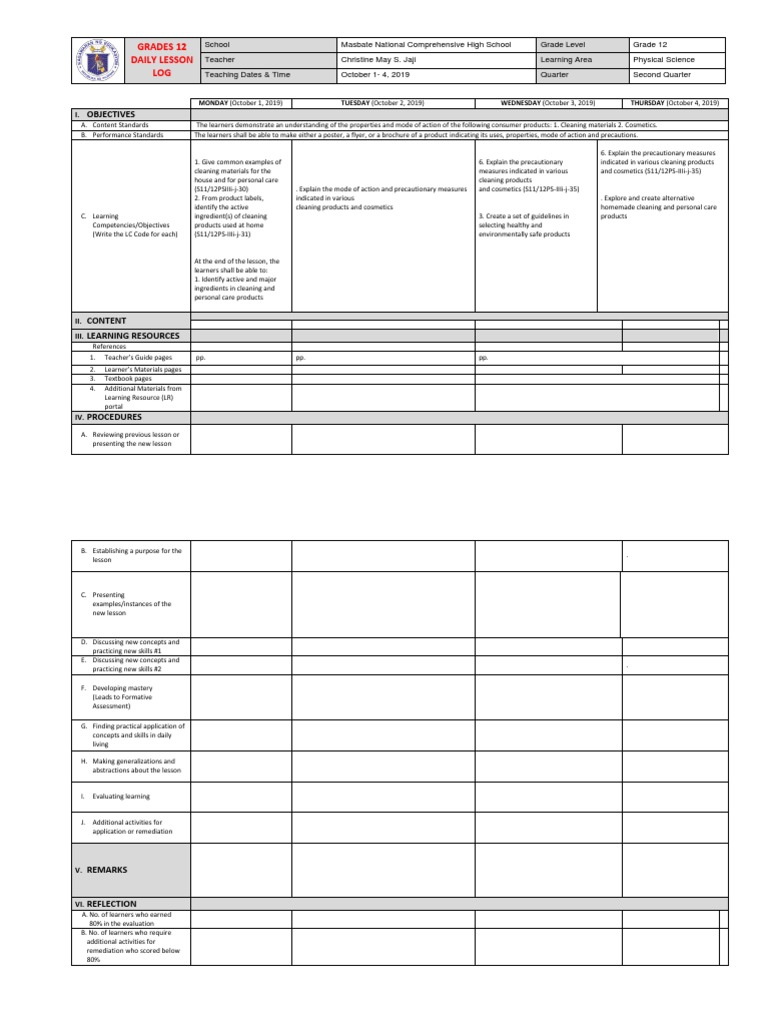 Grades 12 Daily Lesson LOG: Objectives | PDF | Teachers | Applied ...