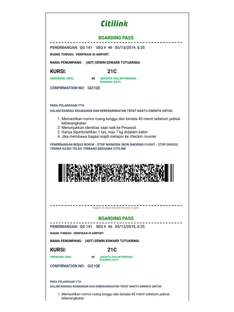 Contoh Tiket Citilink | PDF