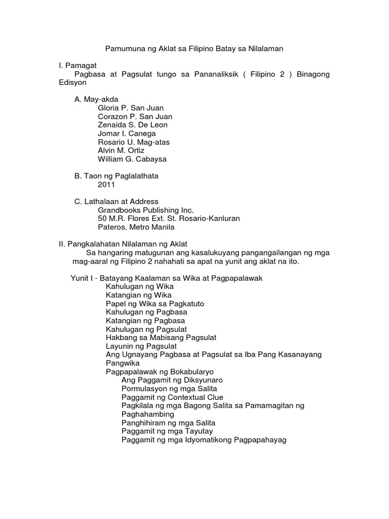 Pamumuna NG Aklat Sa Filipino Batay Sa Nilalaman | PDF