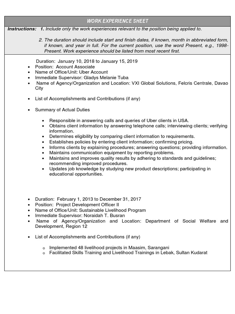 Work Experience Sheet: Instructions: 1. Include Only The Work Experiences Relevant To The ...