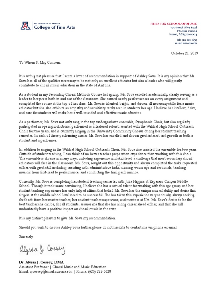 Recommendation Letter 1 | PDF | Choir | Music Education