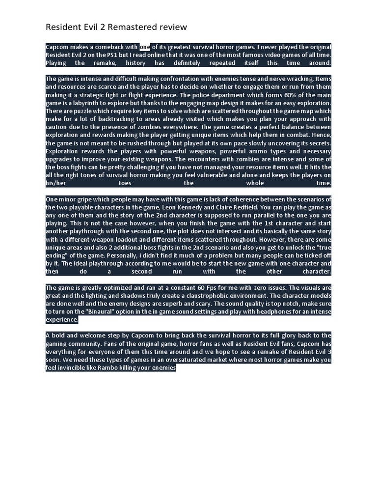 RE 2 Remastered Review | PDF | Video Games | Video Game Gameplay