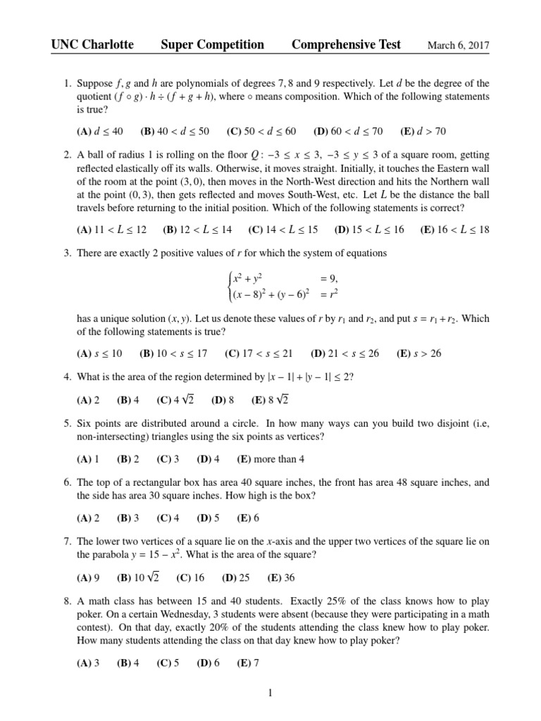 UNC Charlotte Super Competition Comprehensive Test | PDF | Elementary ...