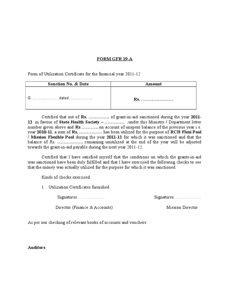 GFR 19-A Utilization Certificate Format | PDF