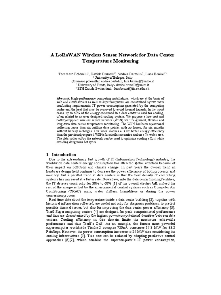 A Lorawan Wireless Sensor Network For Data Center Temperature Monitoring | PDF | Wireless Sensor ...