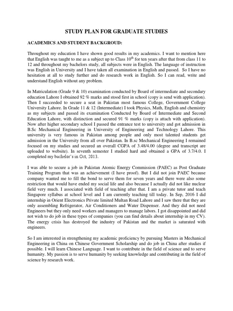 Study Plan For Graduate Studies | PDF | University And College ...