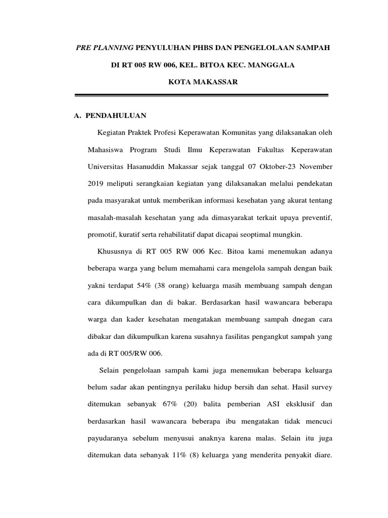 Pre Planning Penyuluhan Phbs Dan Sampah | PDF