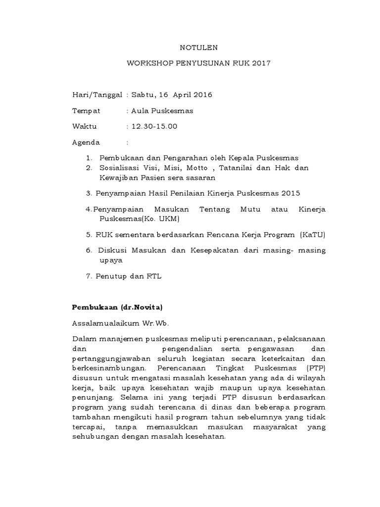 Notulen Workshop Visi Misi Puskesmas | PDF