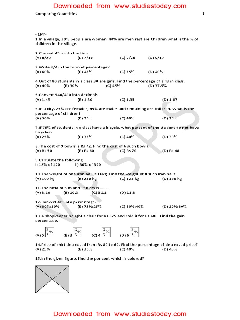 CBSE Clas 7 Maths Worksheet - Comparing Quantities | PDF | Percentage ...