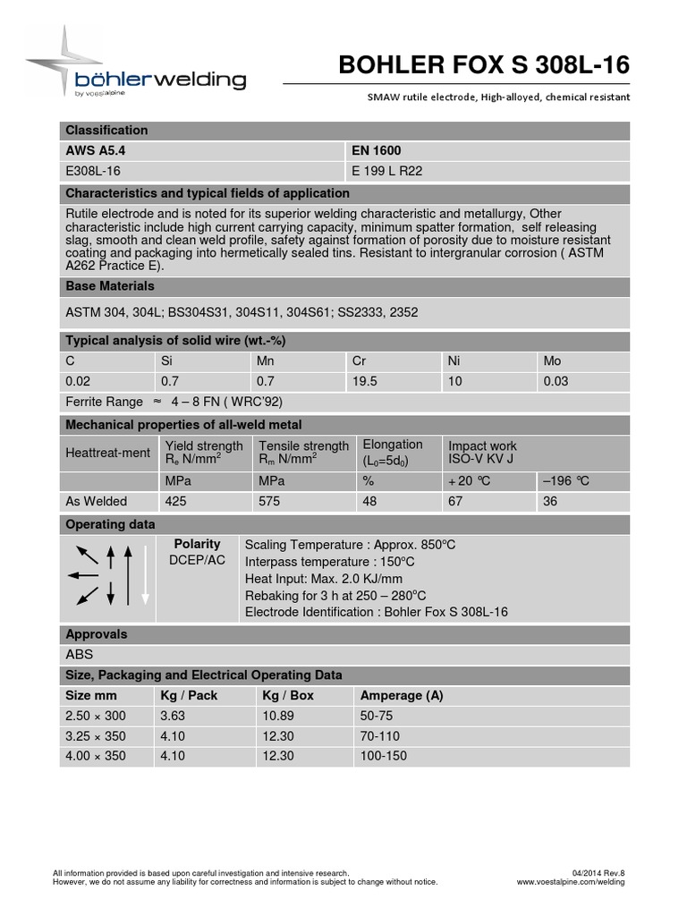 Bohler Fox S 308L-16 | PDF | Welding | Construction