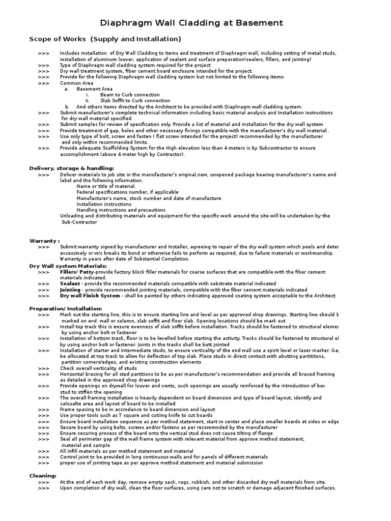 Scope of Works-Diaphragm Wall Cladding | PDF | Wall | Framing ...