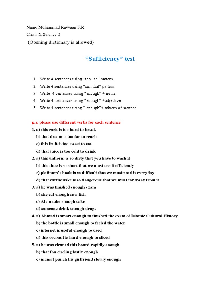 "Sufficiency Test: Sentence Patterns" | PDF | Language Arts & Discipline