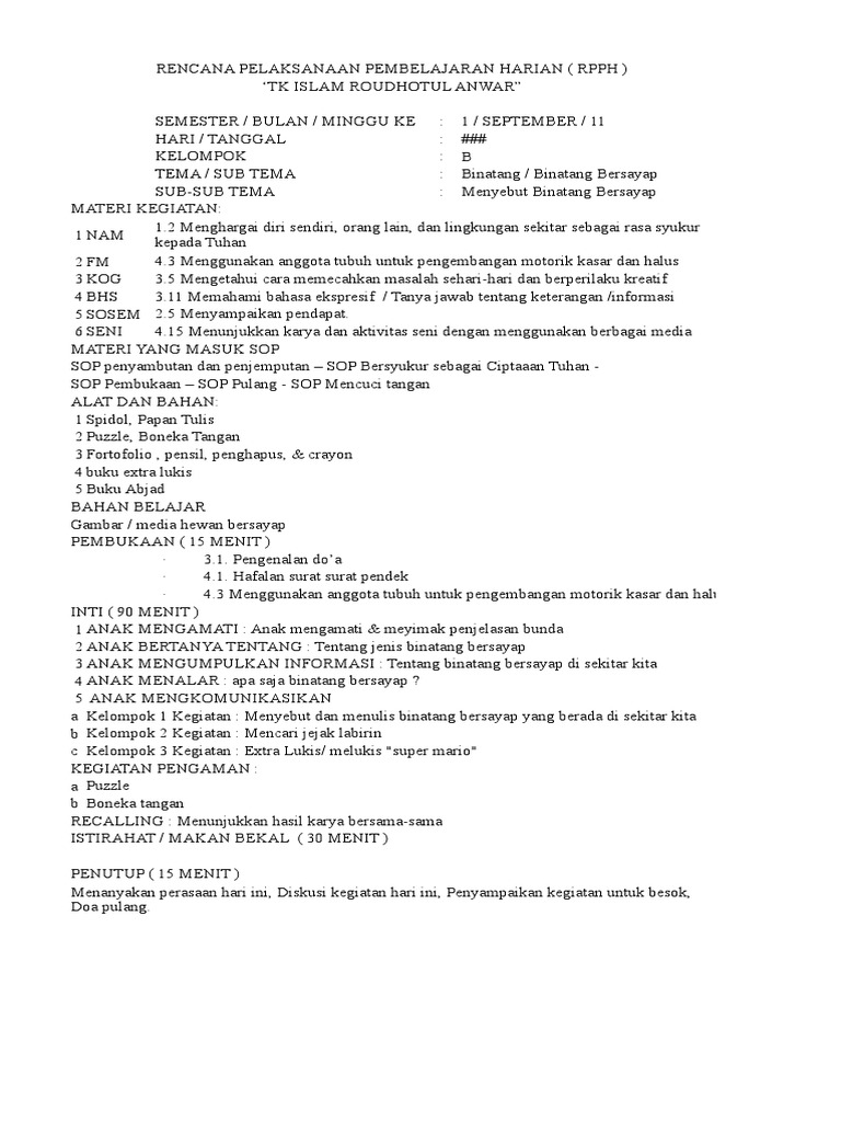 RPPH RPPM Binatang Udara + Penilaian + Buku Penghubung | PDF | Kajian Bahasa Asing ...