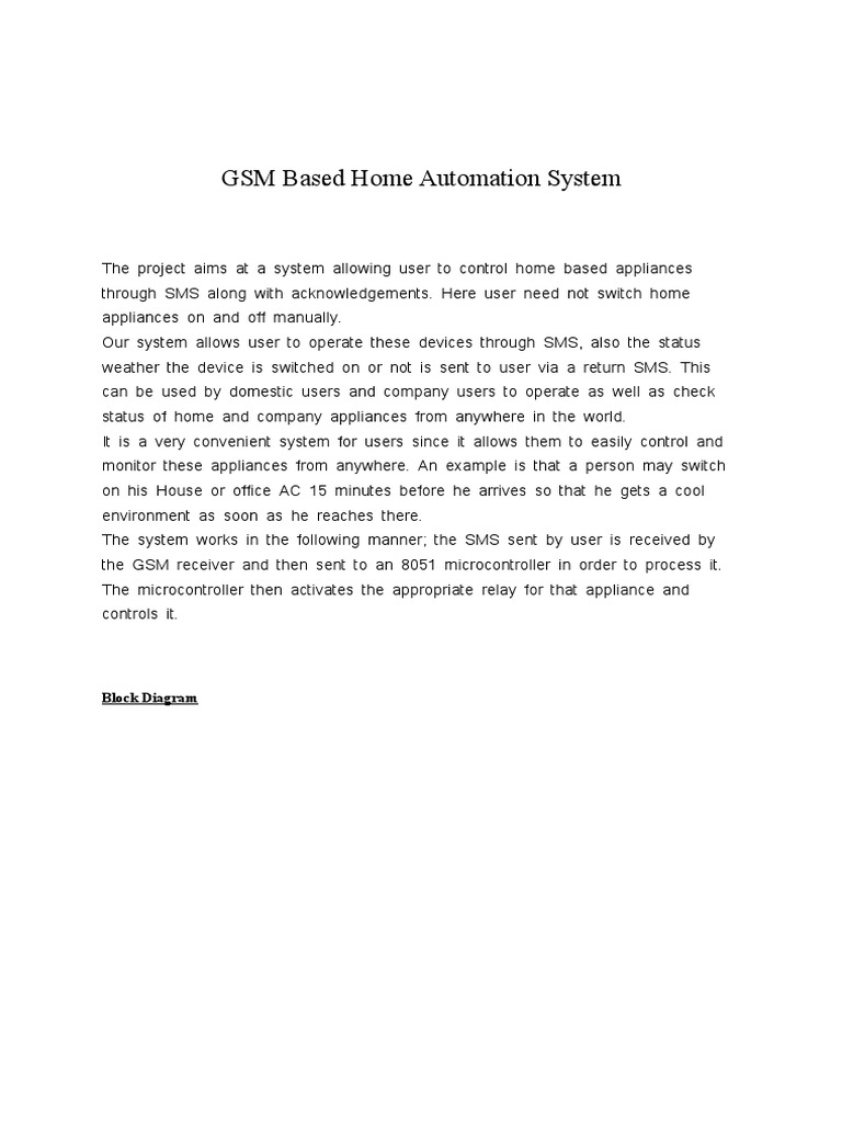 GSM Based Home Automation System: Block Diagram | PDF