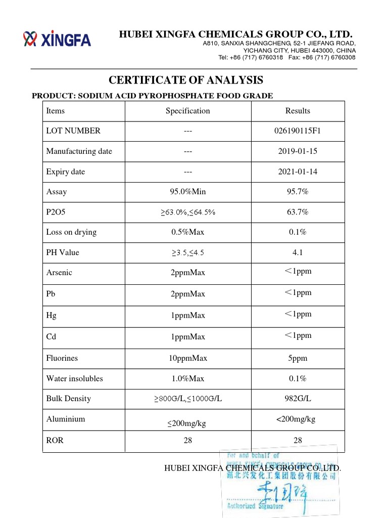 Certificate of Analysis: Hubei Xingfa Chemicals Group Co., LTD | PDF