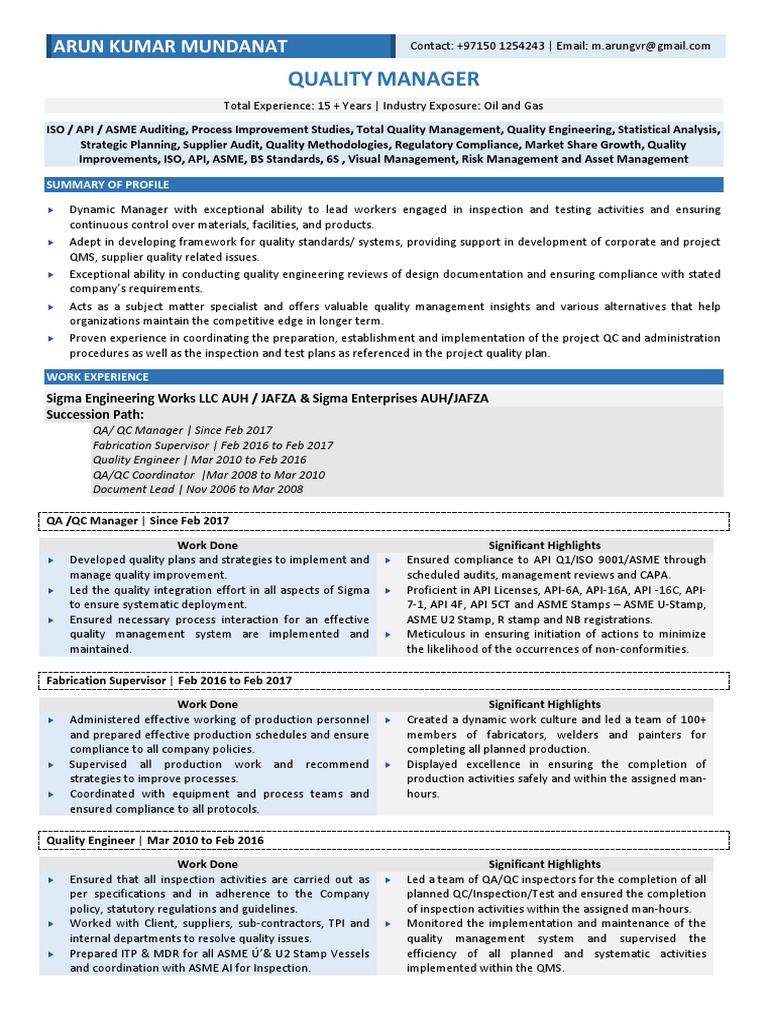 Quality Manager Resume | Quality Assurance | Quality Management System