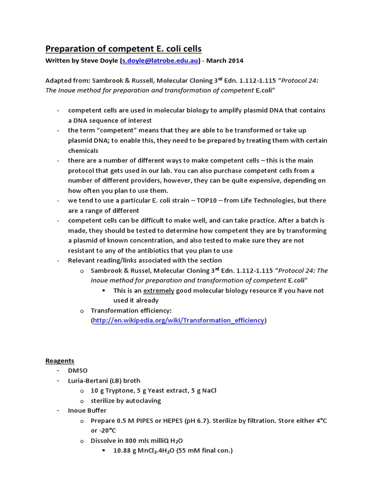 Preparation of Competent e Coli1 | PDF | Transformation (Genetics ...