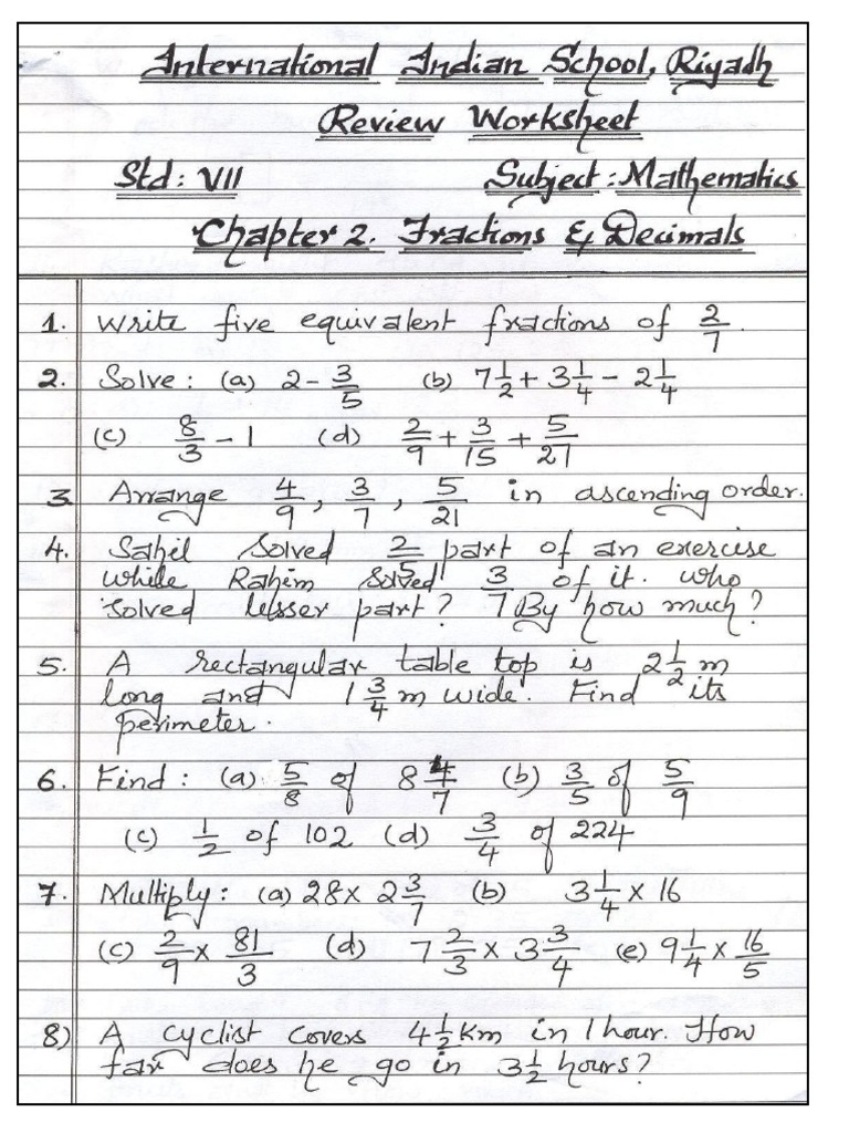 CBSE Class 7 Maths Worksheet - Fractions and Decimals PDF | PDF