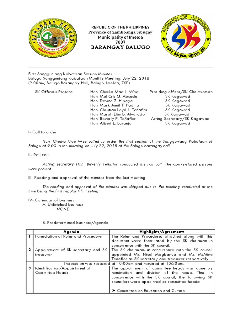 SK Meeting Minutes Template 2024 | PDF | Chairman | Secretary