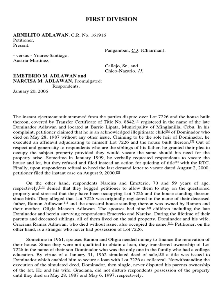 First Division: ARNELITO ADLAWAN, G.R. No. 161916 | PDF | Lawsuit ...