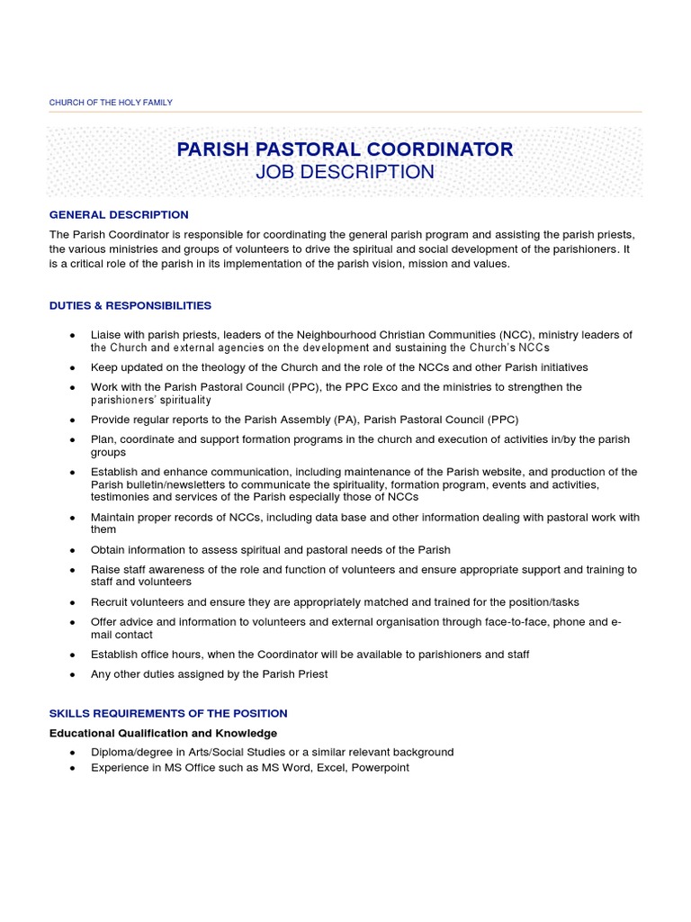 Parish Pastoral Coordinator: Job Description | PDF | Parish | Catholic ...