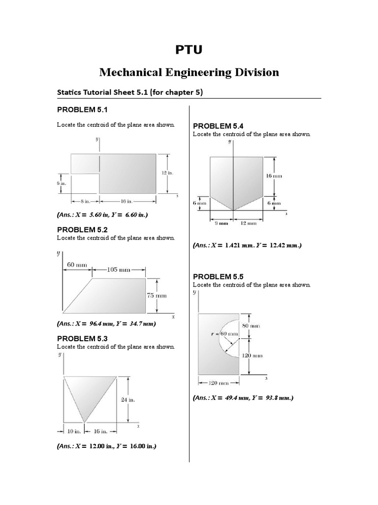 PTU Mechanical Engineering Division: Statics Tutorial Sheet 5.1 (For Chapter 5) | PDF