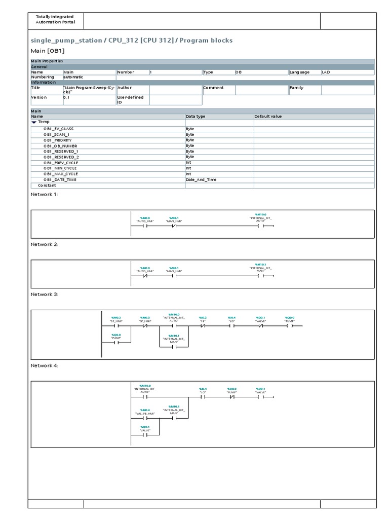 Single - Pump - Station / CPU - 312 (CPU 312) / Program Blocks: Main (OB1) | PDF | Integer ...