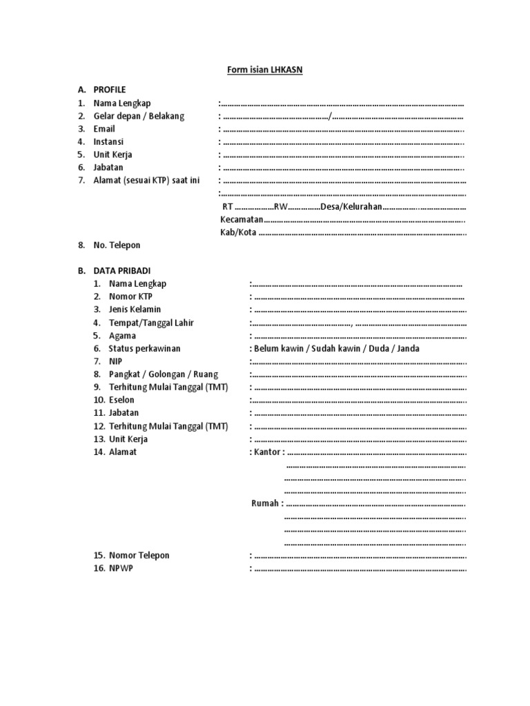 Form Isian LHKASN A. Profile | PDF | Indonesia