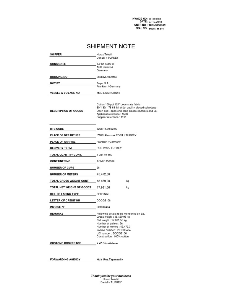 Shipment Note: TCNU1150169 EU15736274 | PDF