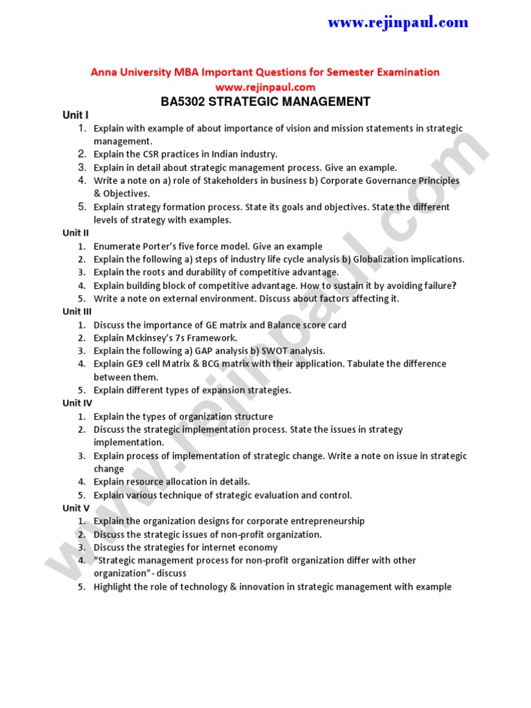 Anna University MBA Strategic Management Important Questions | PDF ...