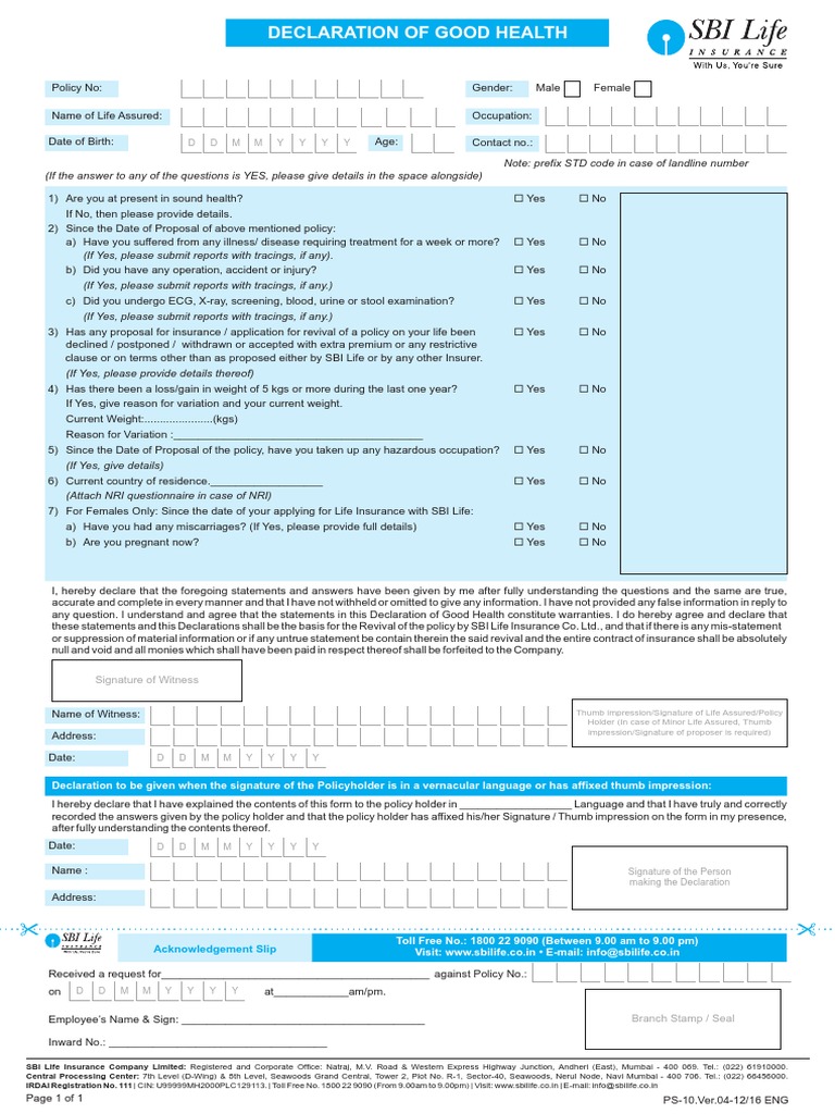 Declaration of Good Health Form | PDF | Life Insurance | Insurance