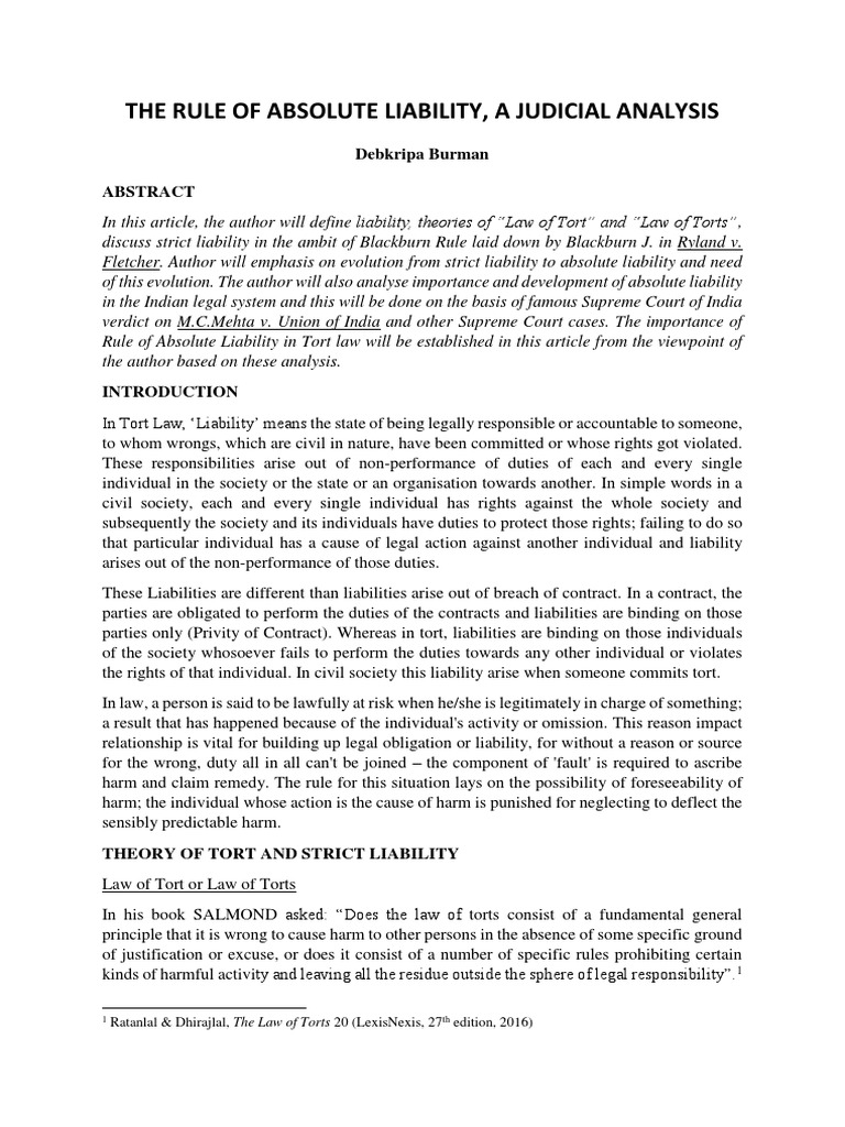 The Rule of Absolute Liability, A Judicial Analysis: Debkripa Burman ...