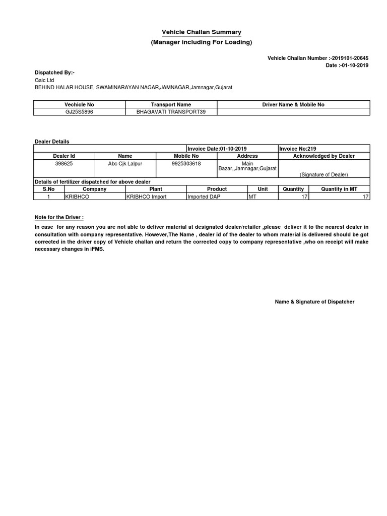 Vehicle Challan Summary (Manager Including For Loading) | PDF | Service ...