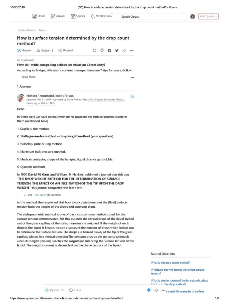 How Is Surface Tension Determined By The Drop Count Method Quora