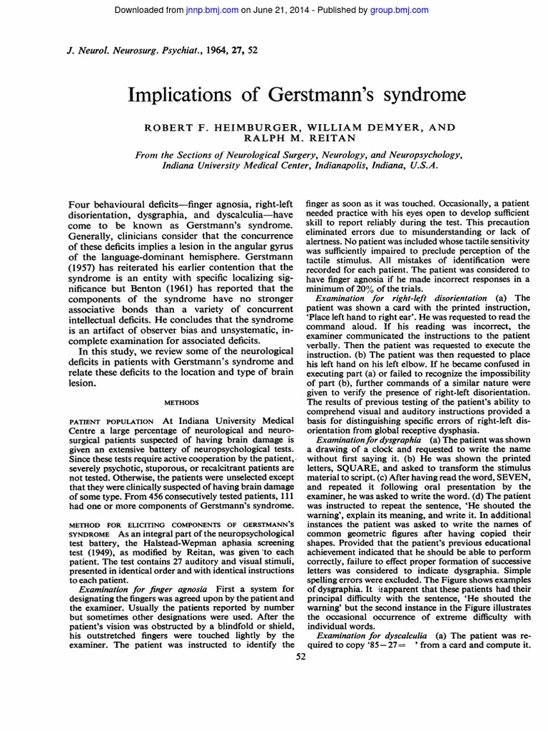 Implications of Gerstmann's Syndrome: (1957) His But | PDF | Neurology ...