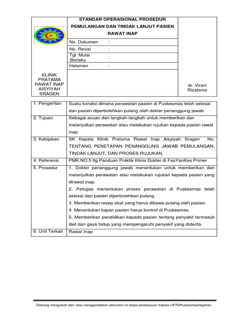 Sop Pemulangan Dan RTL Ranap | PDF