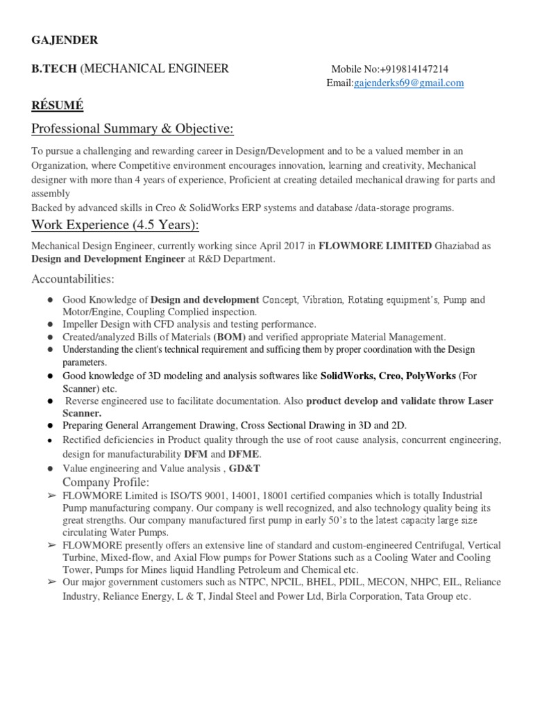 Professional Summary & Objective:: Gajender B.Tech (Mechanical Engineer | PDF | 3 D Modeling ...