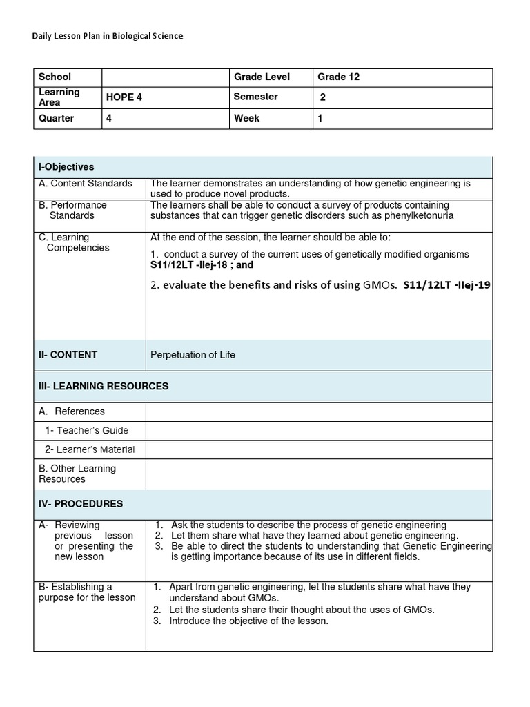 Lesson Plan in Bio-Science | PDF | Genetically Modified Organism ...