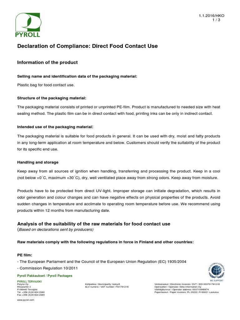 Declaration of Compliance: Direct Food Contact Use: Information of The ...
