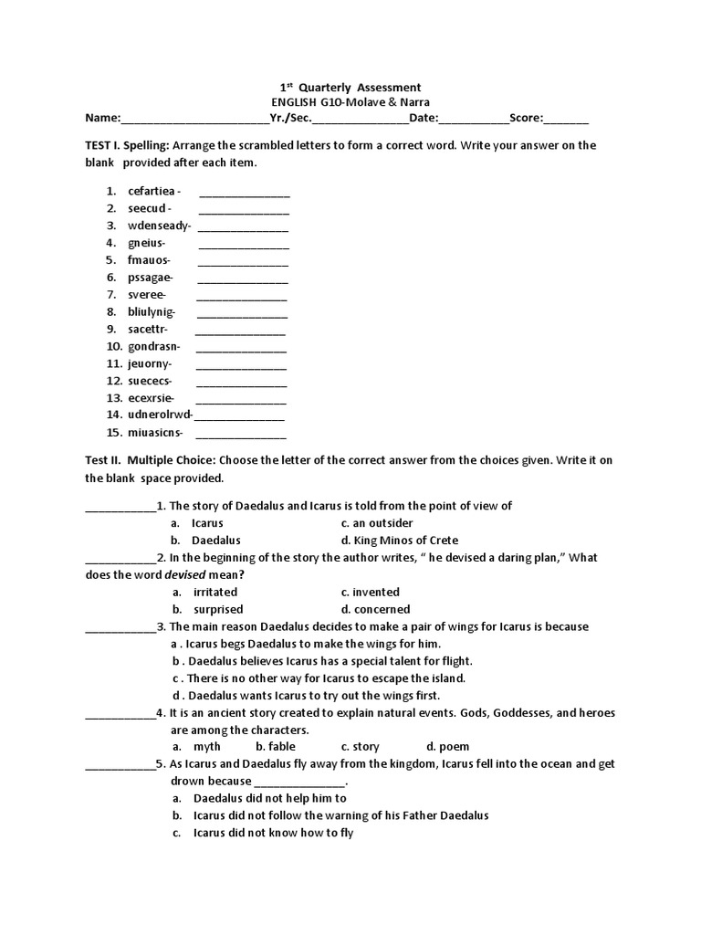 Eng 10 1st Quarter Assessment | PDF | Medusa