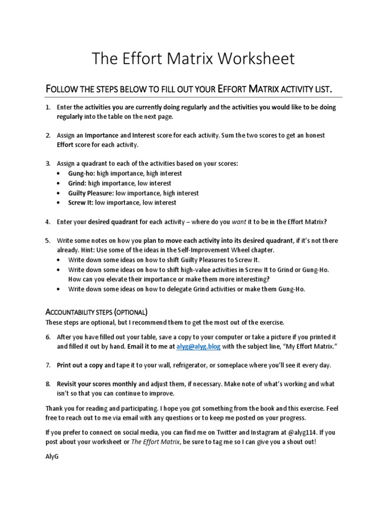 Effort Matrix Worksheet Guide | PDF | Career & Growth